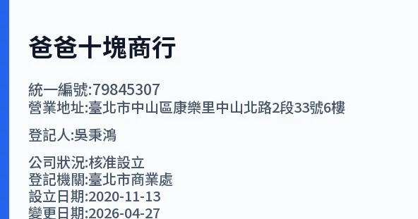 爸爸十塊商行的照片-統編 79845307(臺北市) 公司登記資料與營業項目詳細圖表