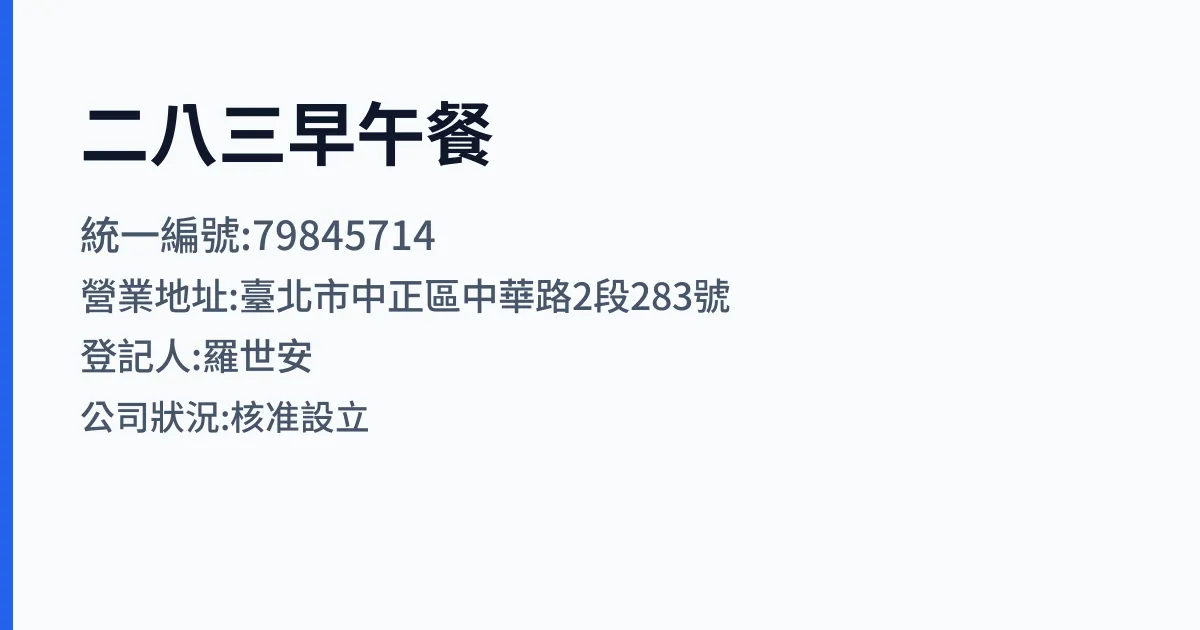二八三早午餐 - 統編 79845714(臺北市) 公司登記資料與營業項目詳細圖表
