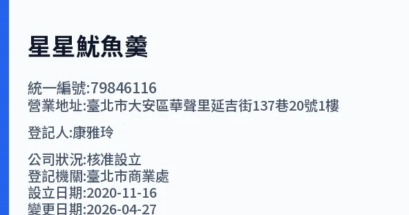 星星魷魚羹的照片-統編 79846116(臺北市) 公司登記資料與營業項目詳細圖表