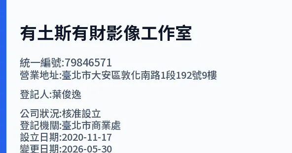 有土斯有財影像工作室的照片-統編 79846571(臺北市) 公司登記資料與營業項目詳細圖表