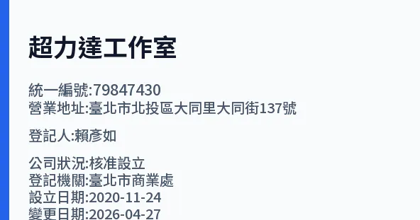 超力達工作室的照片-統編 79847430(臺北市) 公司登記資料與營業項目詳細圖表