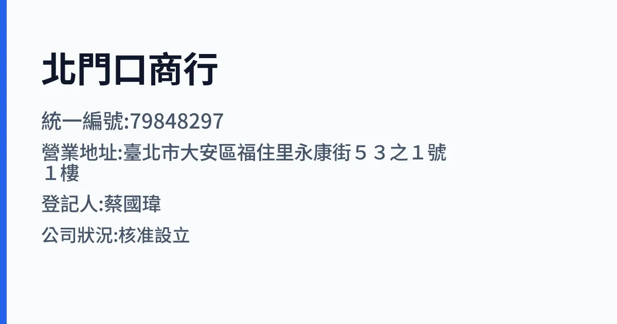 北門口商行 - 統編 79848297(臺北市) 公司登記資料與營業項目詳細圖表