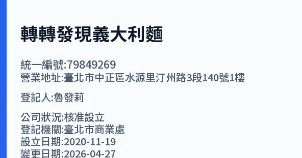 轉轉發現義大利麵的照片-統編 79849269(臺北市) 公司登記資料與營業項目詳細圖表