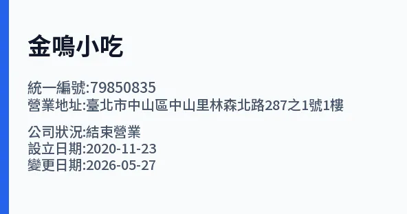 金鳴小吃的照片-統編 79850835(臺北市) 公司登記資料與營業項目詳細圖表