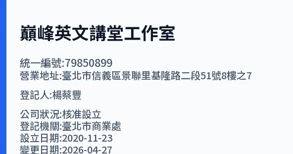 巔峰英文講堂工作室的照片-統編 79850899(臺北市) 公司登記資料與營業項目詳細圖表