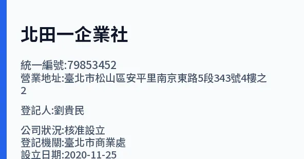 北田一企業社的照片-統編 79853452(臺北市) 公司登記資料與營業項目詳細圖表