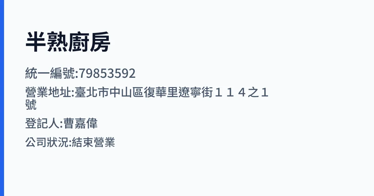 半熟廚房 - 統編 79853592(臺北市) 公司登記資料與營業項目詳細圖表