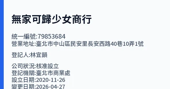 無家可歸少女商行的照片-統編 79853684(臺北市) 公司登記資料與營業項目詳細圖表