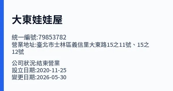 大東娃娃屋的照片-統編 79853782(臺北市) 公司登記資料與營業項目詳細圖表