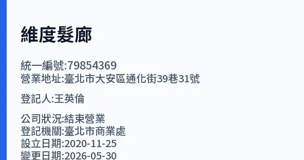 維度髮廊的照片-統編 79854369(臺北市) 公司登記資料與營業項目詳細圖表