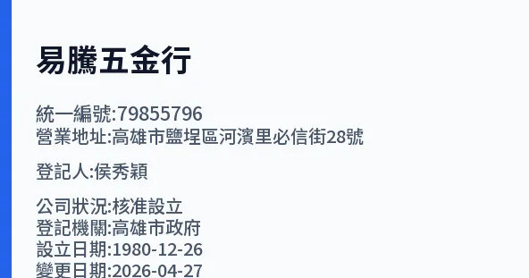 易騰五金行的照片-統編 79855796(高雄市) 公司登記資料與營業項目詳細圖表