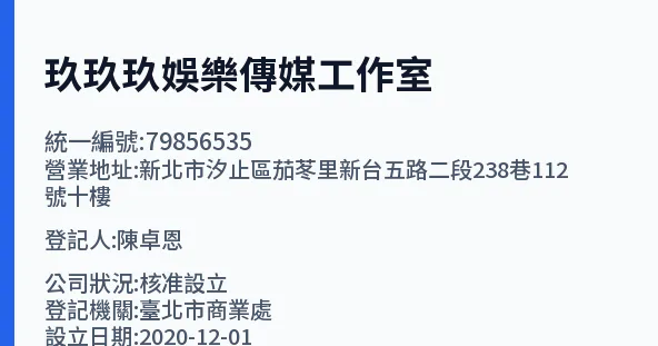 玖玖玖娛樂傳媒工作室的照片-統編 79856535(新北市) 公司登記資料與營業項目詳細圖表