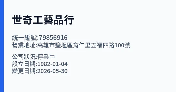 世奇工藝品行的照片-統編 79856916(高雄市) 公司登記資料與營業項目詳細圖表