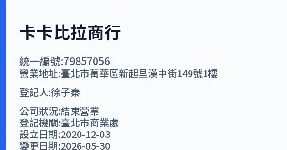 卡卡比拉商行的照片-統編 79857056(臺北市) 公司登記資料與營業項目詳細圖表