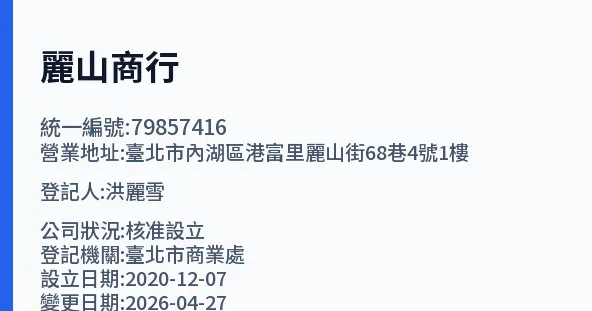 麗山商行的照片-統編 79857416(臺北市) 公司登記資料與營業項目詳細圖表