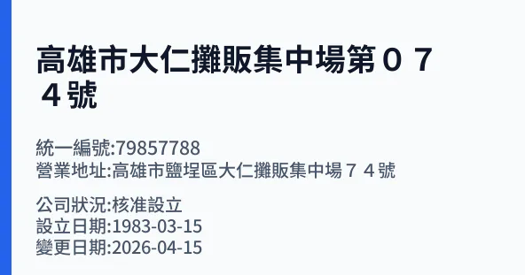 高雄市大仁攤販集中場第０７４號的照片-統編 79857788(高雄市) 公司登記資料與營業項目詳細圖表