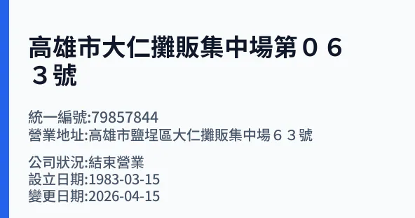 高雄市大仁攤販集中場第０６３號的照片-統編 79857844(高雄市) 公司登記資料與營業項目詳細圖表