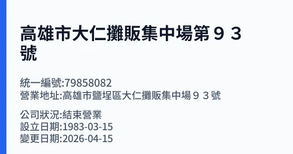 高雄市大仁攤販集中場第９３號的照片-統編 79858082(高雄市) 公司登記資料與營業項目詳細圖表