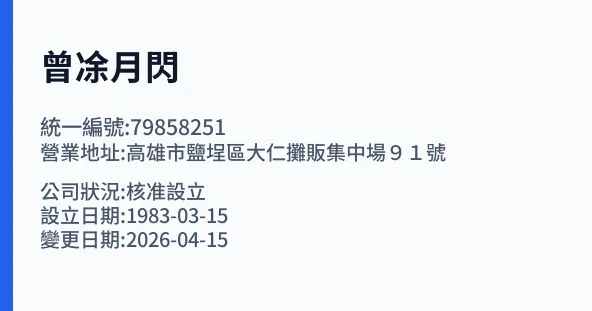 曾凃月閃的照片-統編 79858251(高雄市) 公司登記資料與營業項目詳細圖表