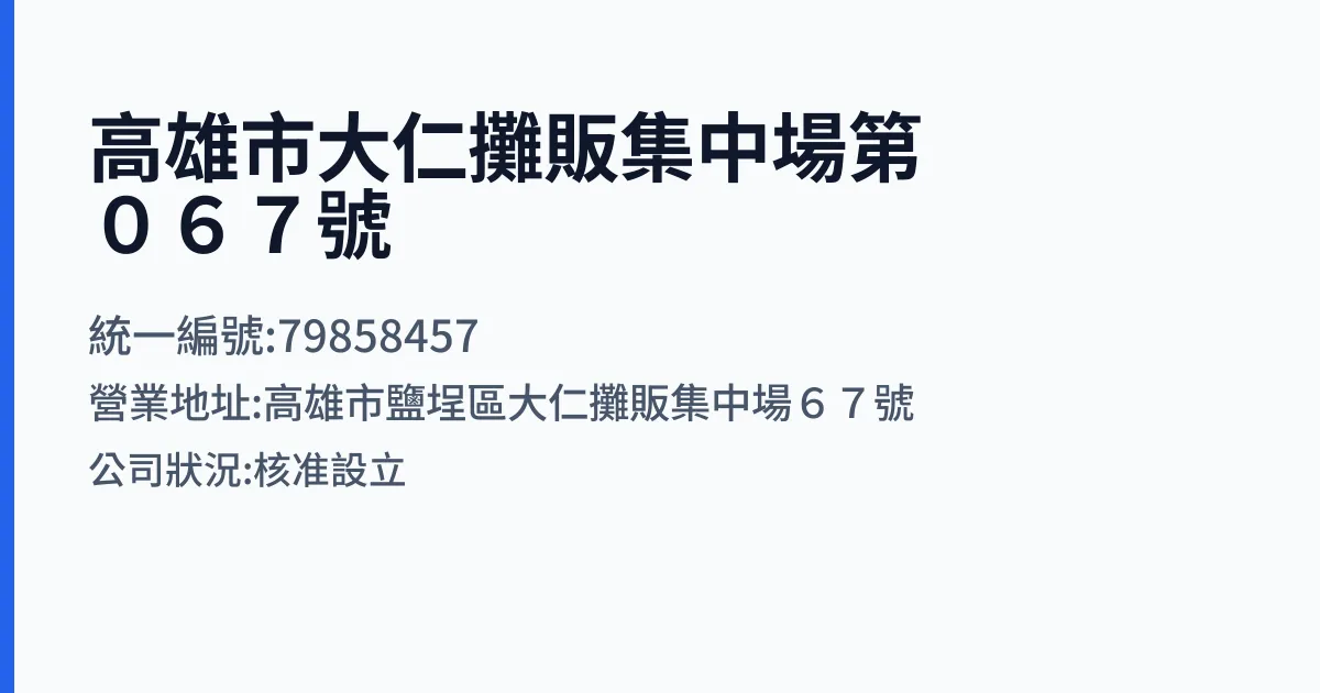 高雄市大仁攤販集中場第０６７號 - 統編 79858457(高雄市) 公司登記資料與營業項目詳細圖表