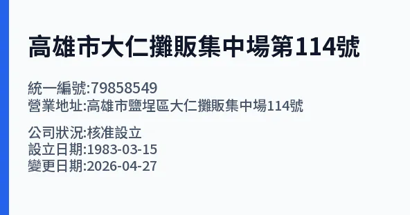 高雄市大仁攤販集中場第114號的照片-統編 79858549(高雄市) 公司登記資料與營業項目詳細圖表