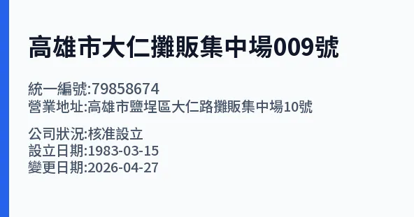 高雄市大仁攤販集中場009號的照片-統編 79858674(高雄市) 公司登記資料與營業項目詳細圖表