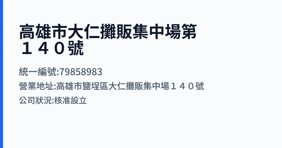 高雄市大仁攤販集中場第140號 - 統編 79858983(高雄市) 公司登記資料與營業項目詳細圖表