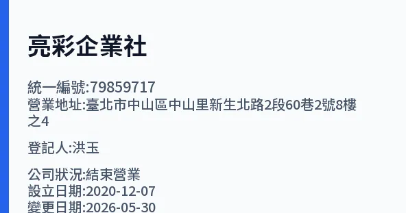亮彩企業社的照片-統編 79859717(臺北市) 公司登記資料與營業項目詳細圖表