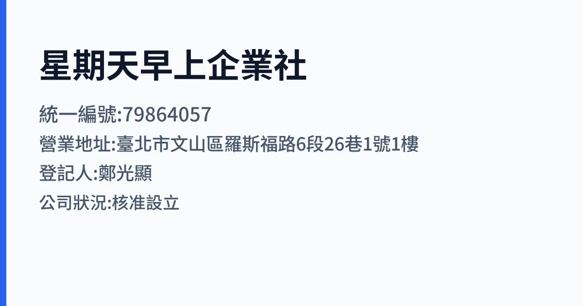 星期天早上企業社 - 統編 79864057(臺北市) 公司登記資料與營業項目詳細圖表
