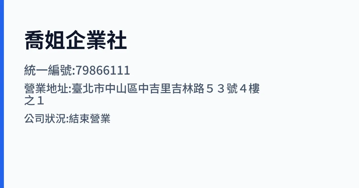 喬姐企業社 - 統編 79866111(臺北市) 公司登記資料與營業項目詳細圖表