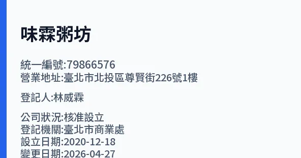 味霖粥坊的照片-統編 79866576(臺北市) 公司登記資料與營業項目詳細圖表