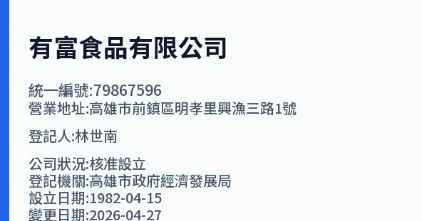 有富食品有限公司的照片-統編 79867596(高雄市) 公司登記資料與營業項目詳細圖表