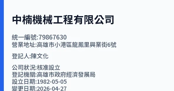 中楠機械工程有限公司的照片-統編 79867630(高雄市) 公司登記資料與營業項目詳細圖表