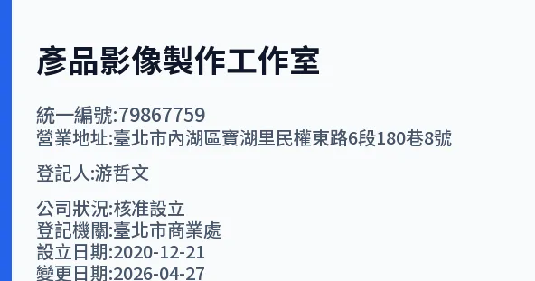 彥品影像製作工作室的照片-統編 79867759(臺北市) 公司登記資料與營業項目詳細圖表