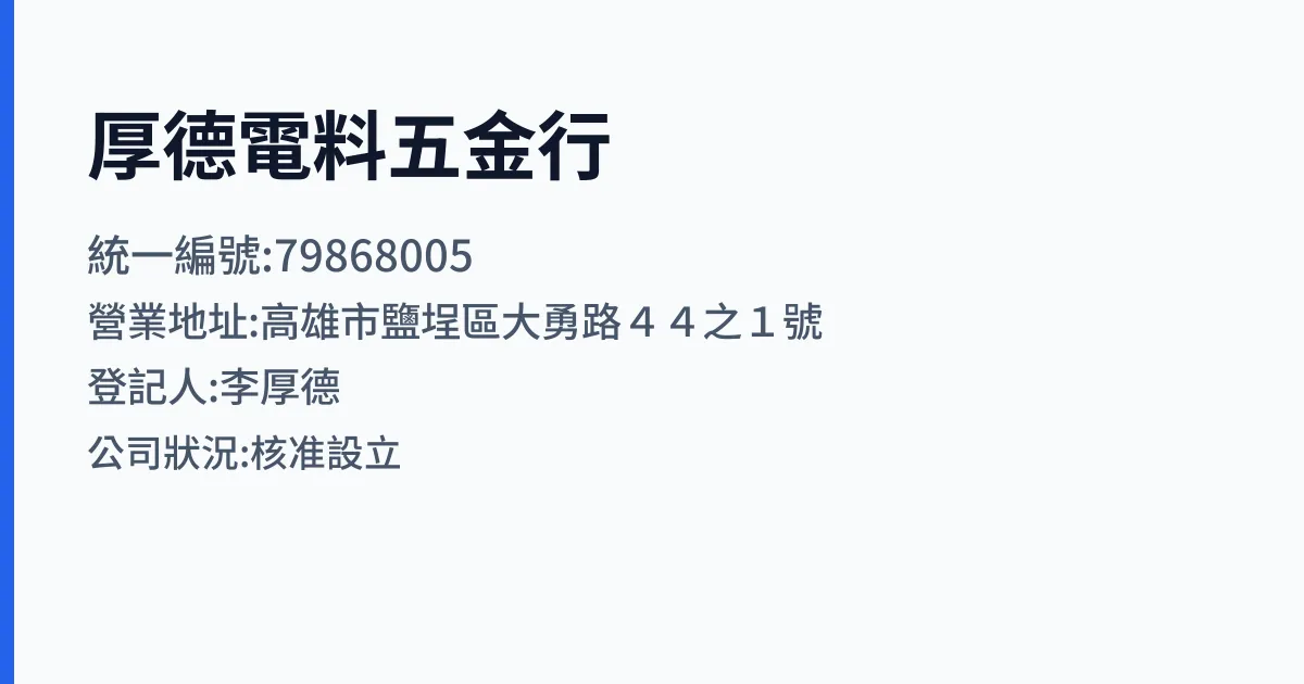厚德電料五金行 - 統編 79868005(高雄市) 公司登記資料與營業項目詳細圖表