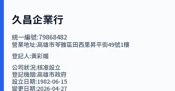 久昌企業行的照片-統編 79868482(高雄市) 公司登記資料與營業項目詳細圖表
