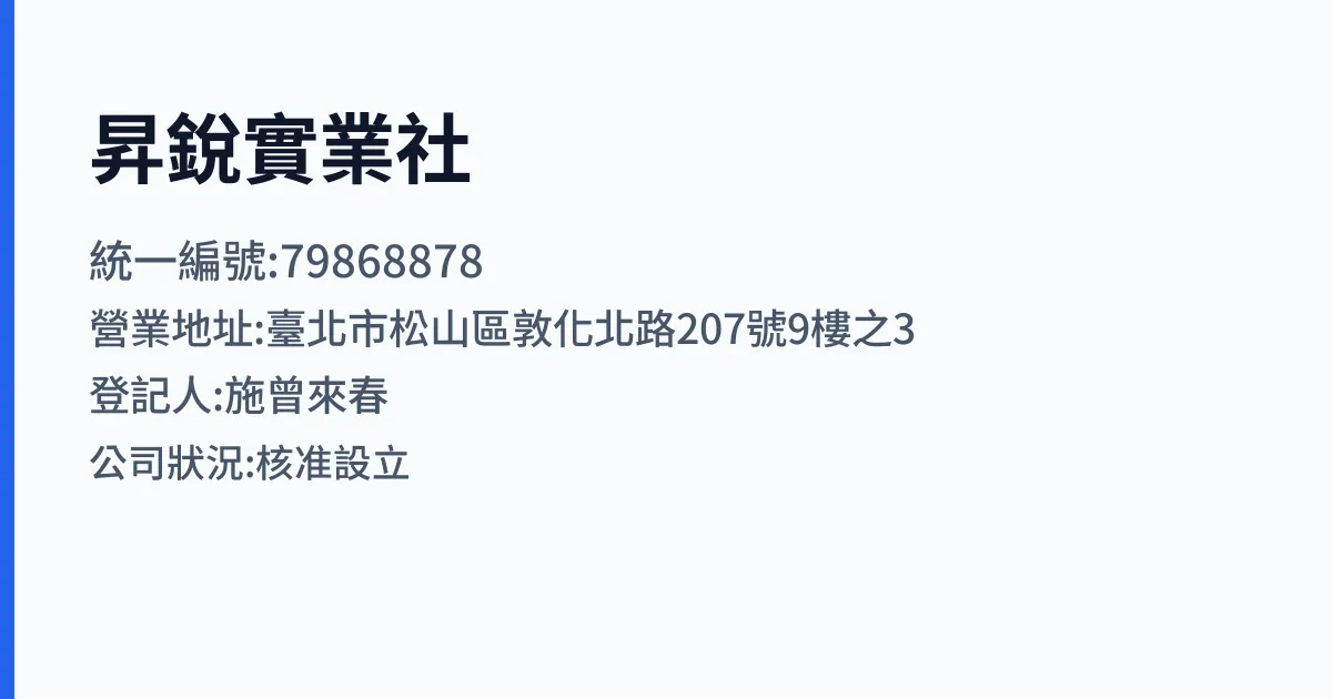 昇銳實業社 - 統編 79868878(新北市) 公司登記資料與營業項目詳細圖表