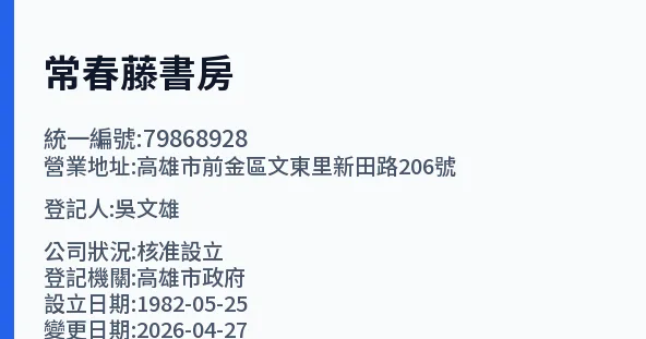 常春藤書房的照片-統編 79868928(高雄市) 公司登記資料與營業項目詳細圖表