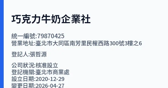 巧克力牛奶企業社的照片-統編 79870425(臺北市) 公司登記資料與營業項目詳細圖表