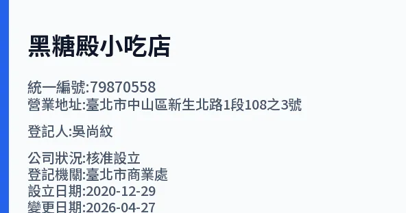 黑糖殿小吃店的照片-統編 79870558(臺北市) 公司登記資料與營業項目詳細圖表