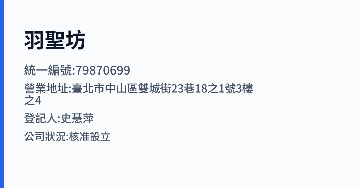 羽聖坊 - 統編 79870699(臺北市) 公司登記資料與營業項目詳細圖表