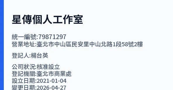 星傳個人工作室的照片-統編 79871297(臺北市) 公司登記資料與營業項目詳細圖表