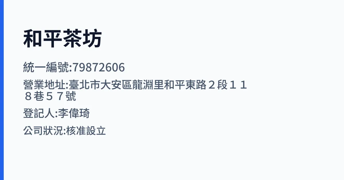 和平茶坊 - 統編 79872606(臺北市) 公司登記資料與營業項目詳細圖表