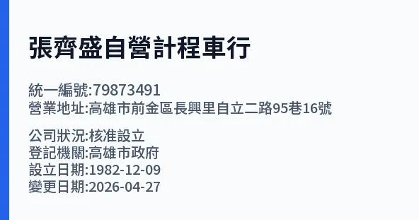 張齊盛自營計程車行的照片-統編 79873491(高雄市) 公司登記資料與營業項目詳細圖表