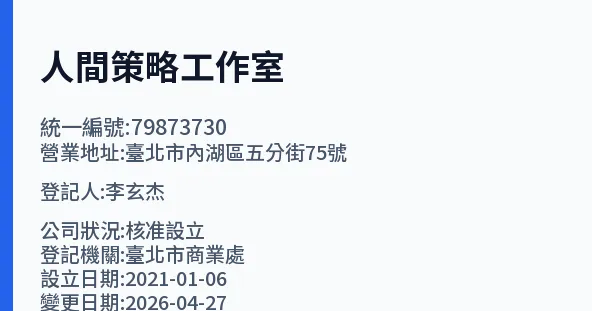 人間策略工作室的照片-統編 79873730(臺北市) 公司登記資料與營業項目詳細圖表