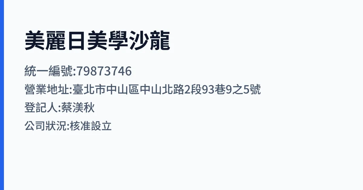 美麗日美學沙龍 - 統編 79873746(臺北市) 公司登記資料與營業項目詳細圖表
