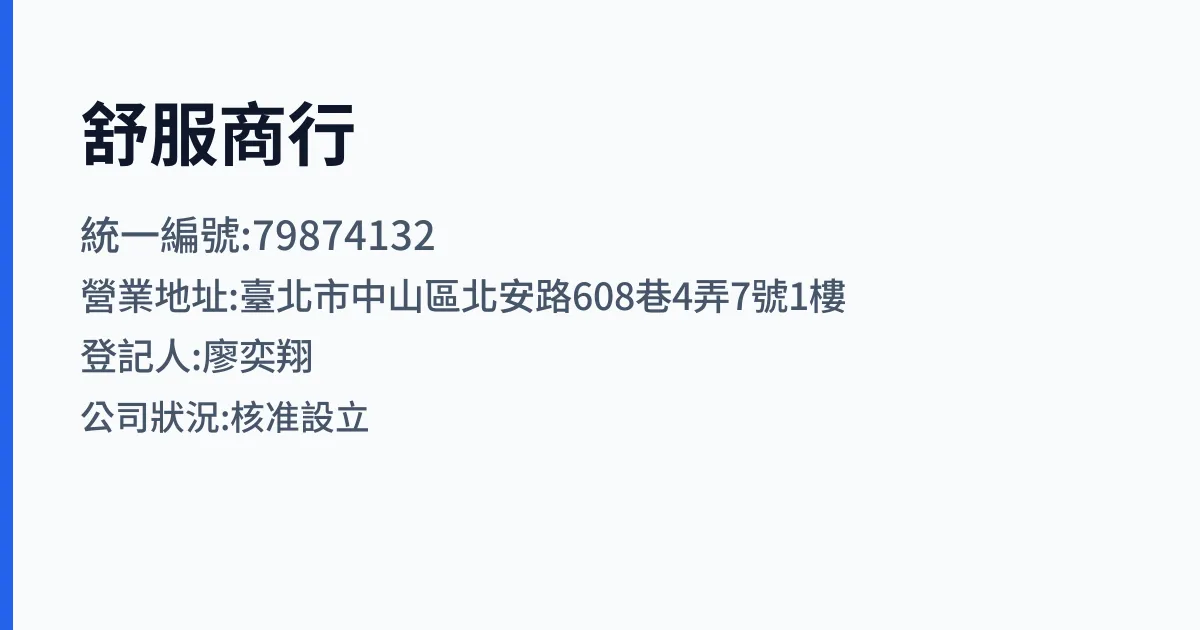 舒服商行 - 統編 79874132(臺北市) 公司登記資料與營業項目詳細圖表