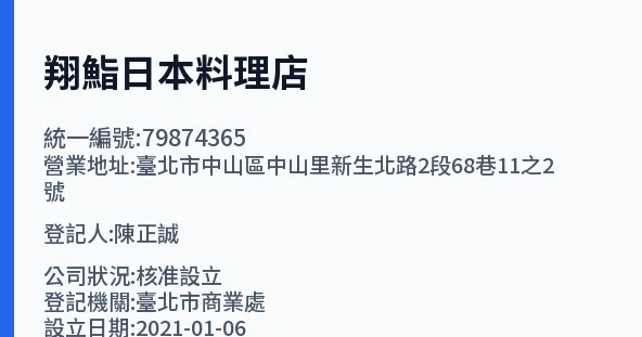 翔鮨日本料理店的照片-統編 79874365(臺北市) 公司登記資料與營業項目詳細圖表