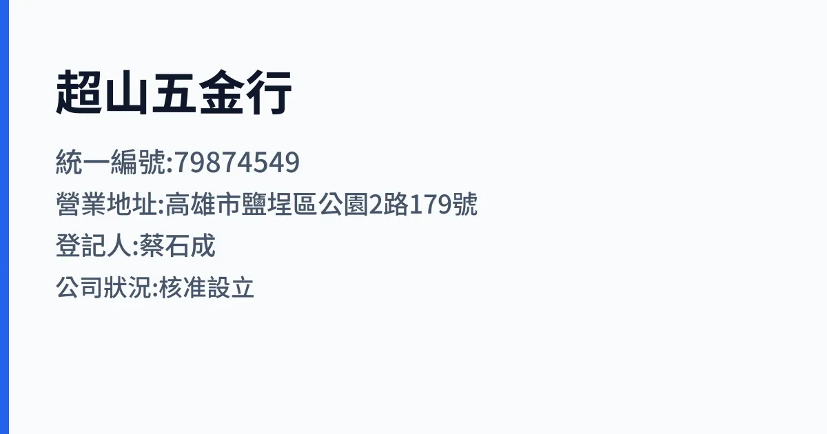 超山五金行 - 統編 79874549(高雄市) 公司登記資料與營業項目詳細圖表