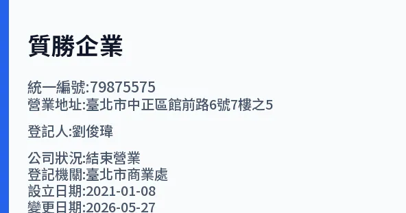 質勝企業的照片-統編 79875575(臺北市) 公司登記資料與營業項目詳細圖表